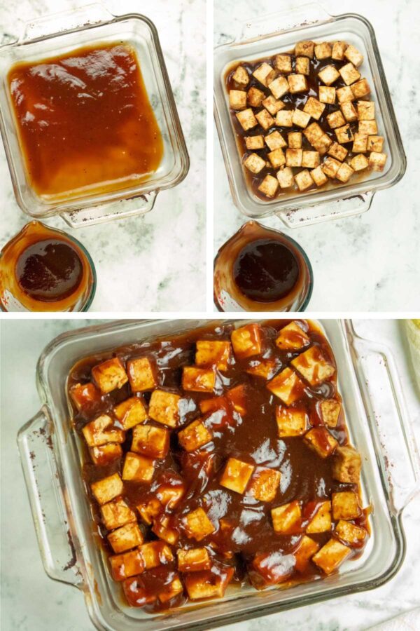Vegan BBQ tofu bowl with mashed potatoes